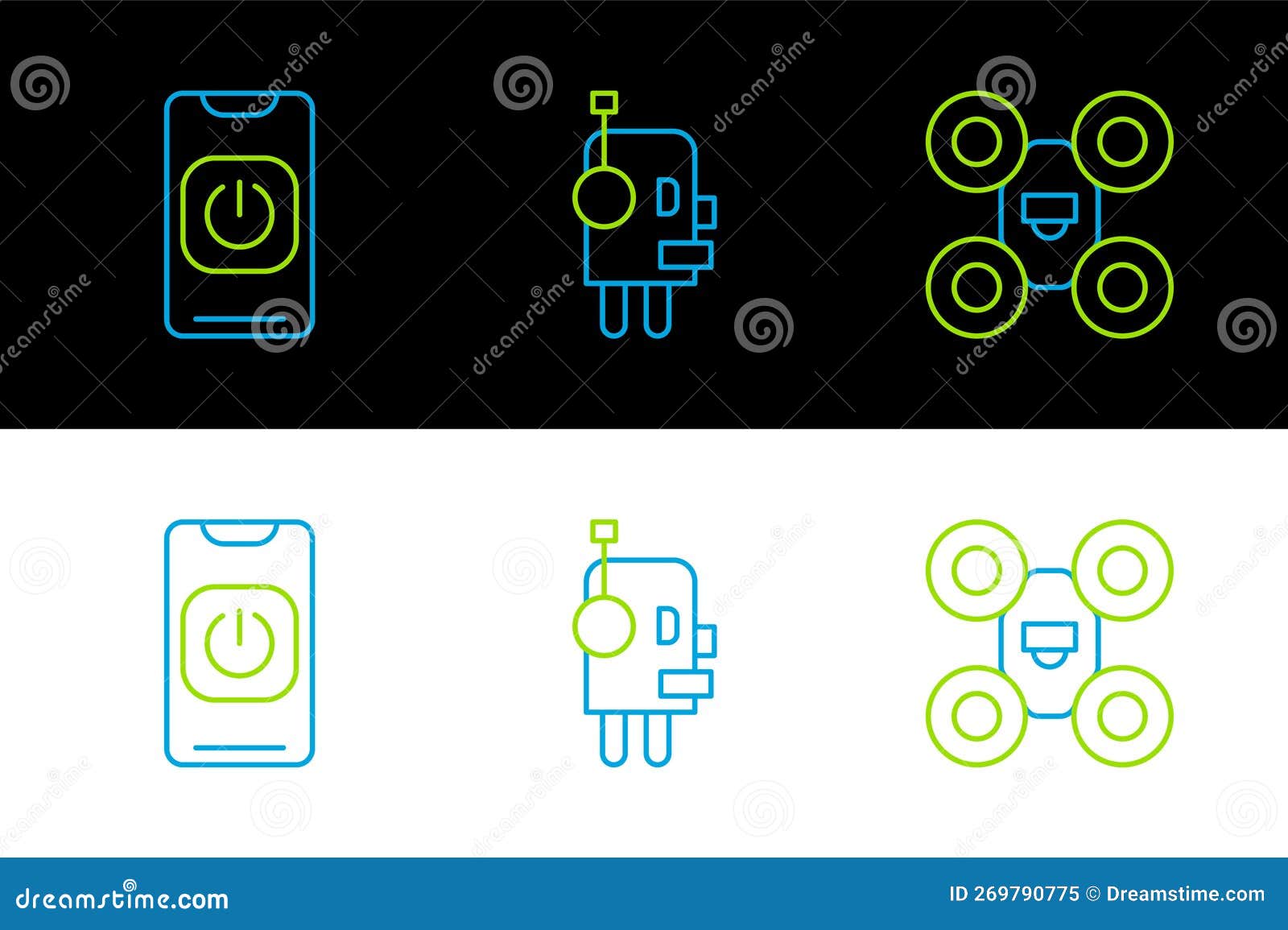 Set Line Drone, Turn Off Robot from Phone and Robot Icon. Vector Stock ... Set Line Drone, Turn Off Robot from Phone and Robot Icon. Vector Stock ...