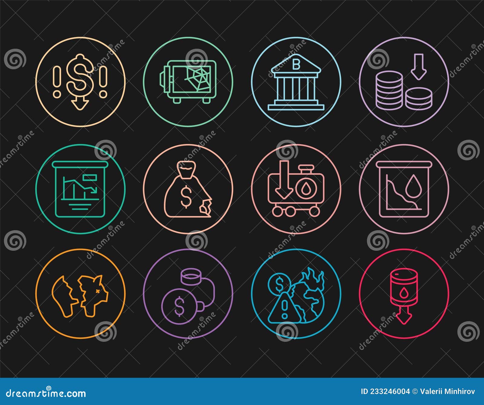 Set Line Drop in Crude Oil Price, Bank Building, Money Bag, Pie Chart Infographic, Dollar Rate ...