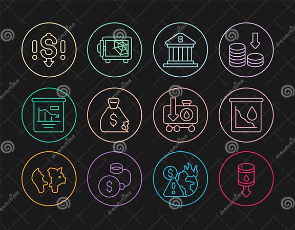Set Line Drop in Crude Oil Price, Bank Building, Money Bag, Pie Chart Infographic, Dollar Rate ...