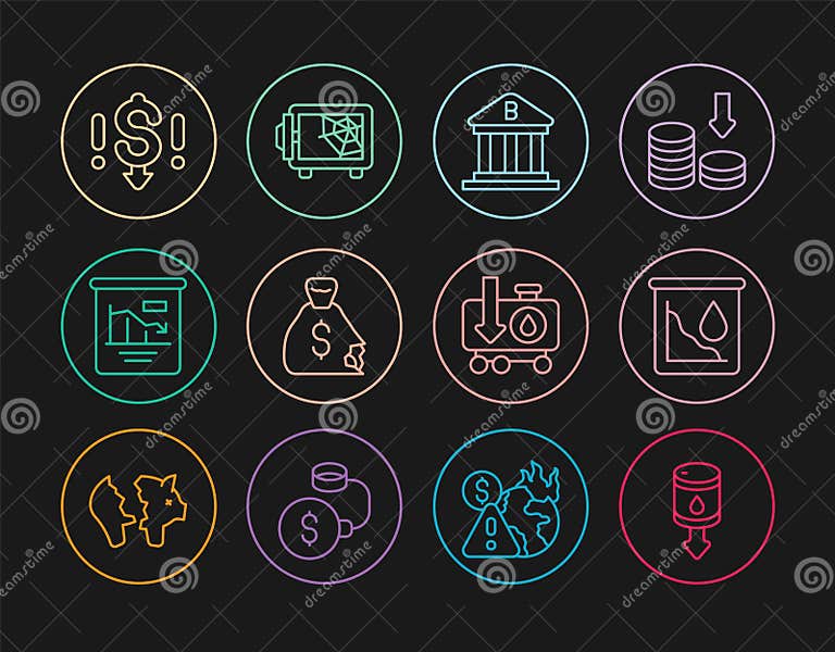 Set Line Drop in Crude Oil Price, Bank Building, Money Bag, Pie Chart Infographic, Dollar Rate ...