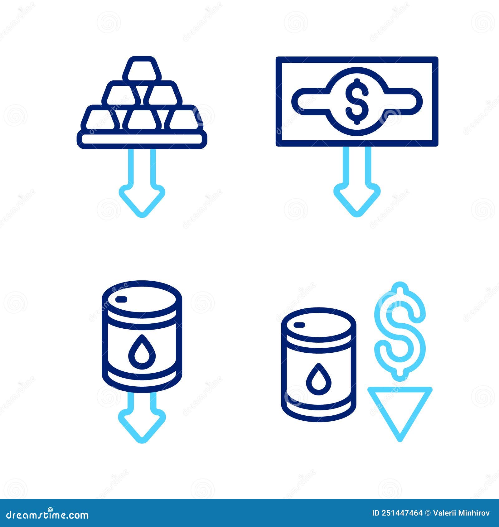 Set Line Drop in Crude Oil Price, Dollar Rate Decrease and Gold Bars Icon. Vector Stock ...