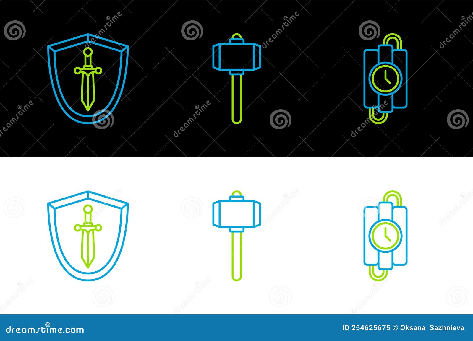 Set Line Dynamite Stick and Timer Clock, Medieval Shield with Sword and ...