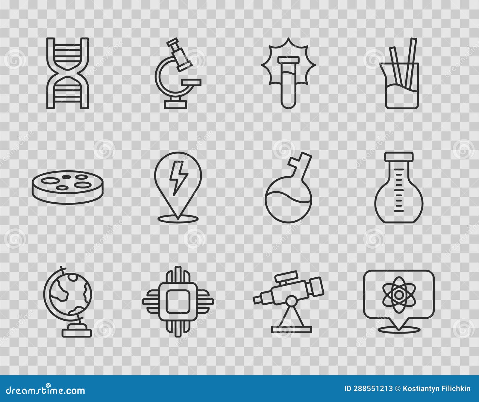Set Line Earth Globe, Atom, Explosion in the Flask, Processor CPU, DNA ...