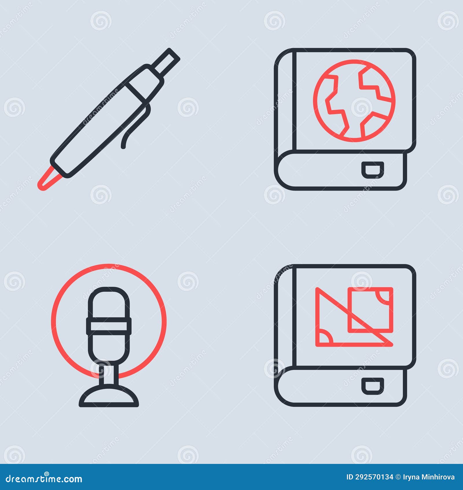 Set Line Earth Globe and Book, Microphone, Book about Geometry and Pen ...