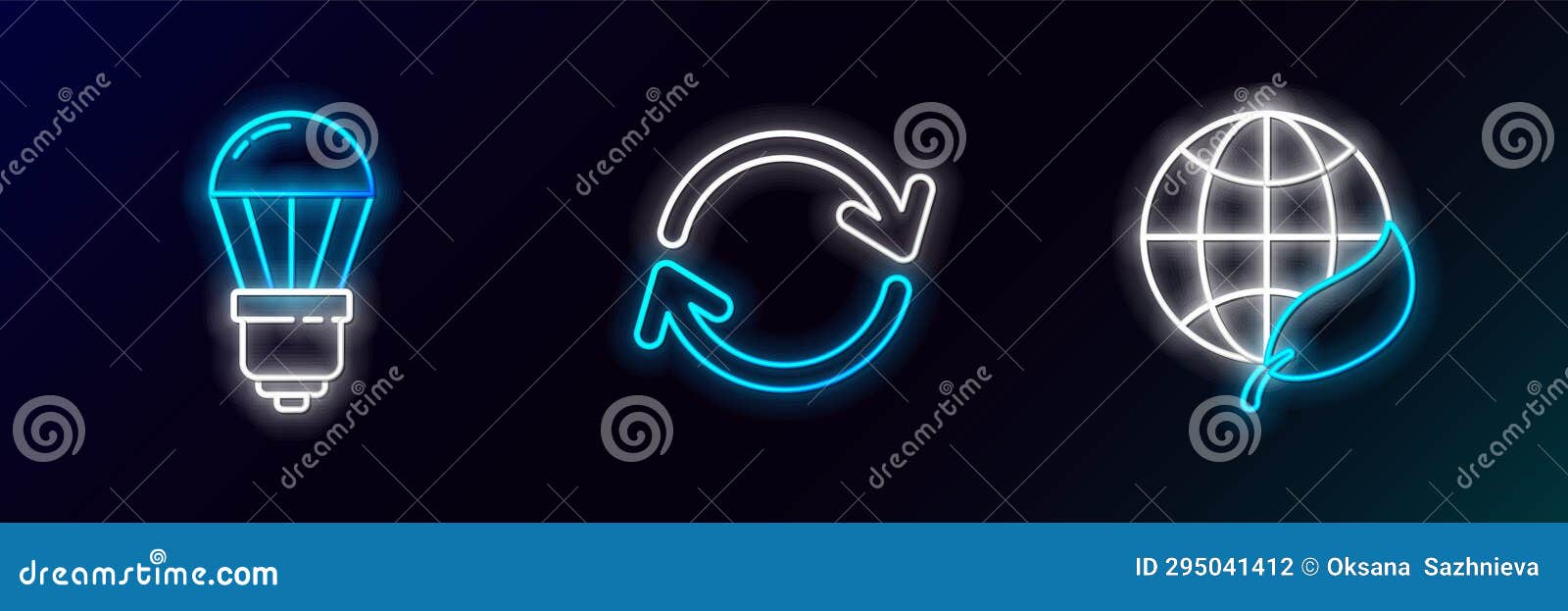 Set Line Earth Globe and Leaf, LED Light Bulb and Refresh Icon. Glowing ...