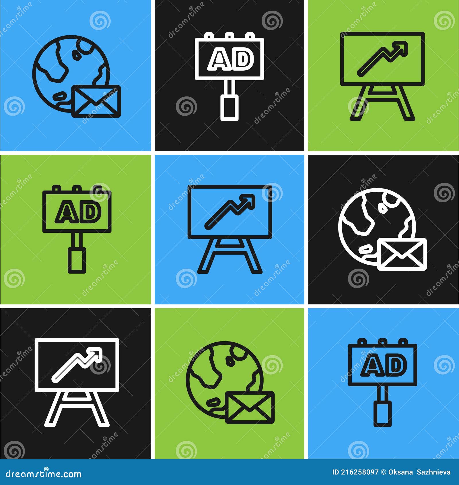 Set Line Earth Globe with Mail, Board Graph Chart and Advertising Icon ...