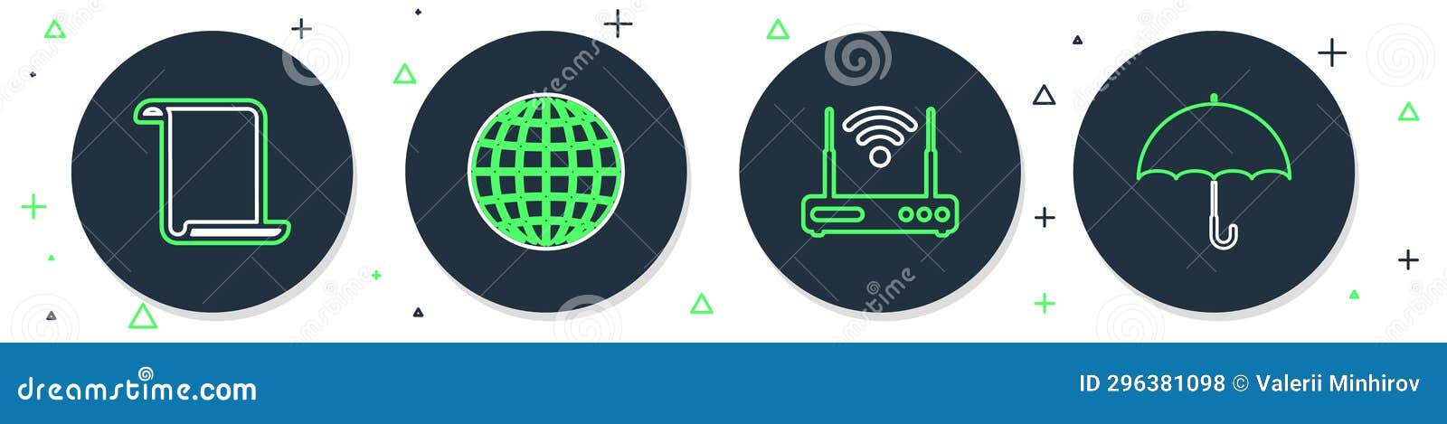 Set Line Earth Globe, Router and Wi-fi, Paper Scroll and Air ...