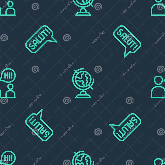 Set Line Earth Globe, Salut in Different Languages and Two Sitting Men ...