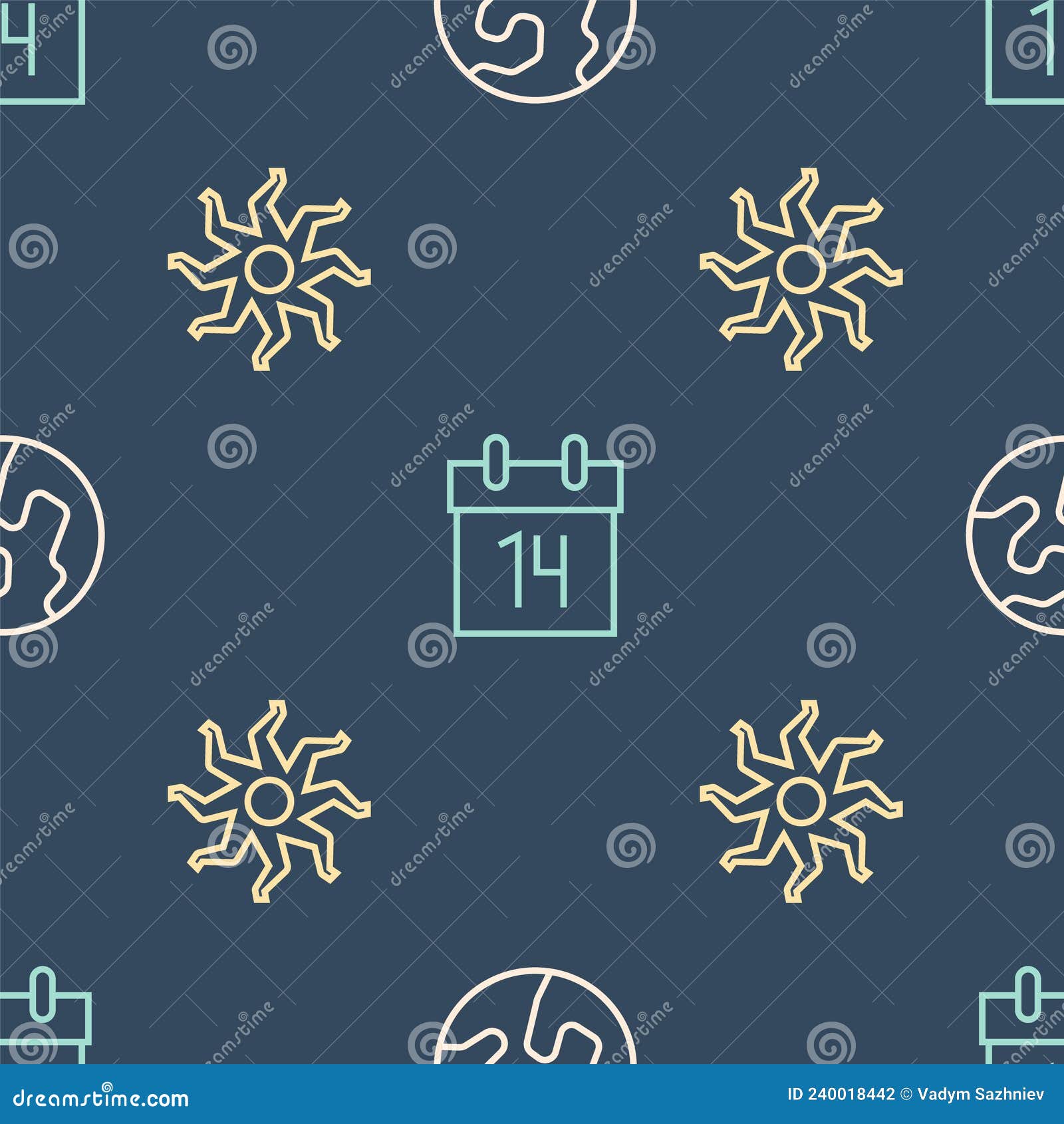 Set Line Earth Globe, Sun and Calendar on Seamless Pattern. Vector ...