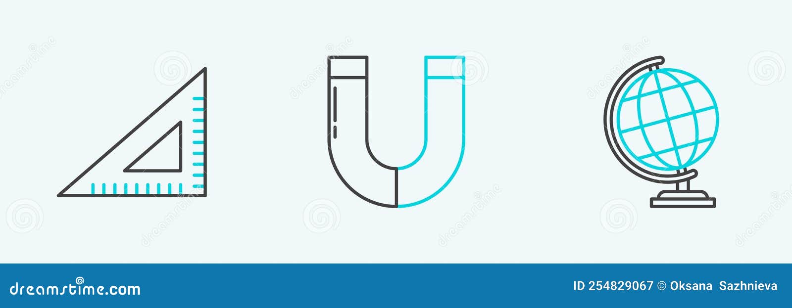 Set Line Earth Globe, Triangular Ruler and Magnet Icon. Vector Stock ...