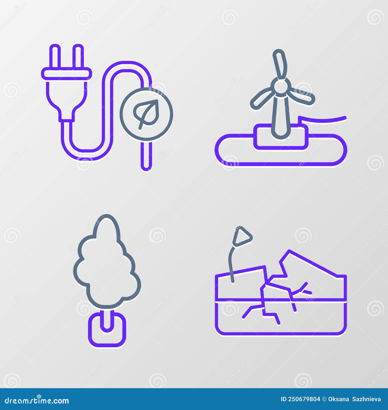 Set Line Earthquake, Tree, Wind Turbine and Electric Saving Plug Leaf ...