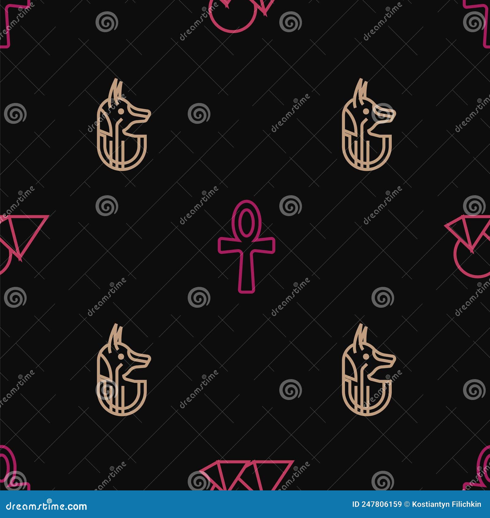 Set Line Egypt Pyramids, Egyptian Anubis and Cross Ankh on Seamless ...