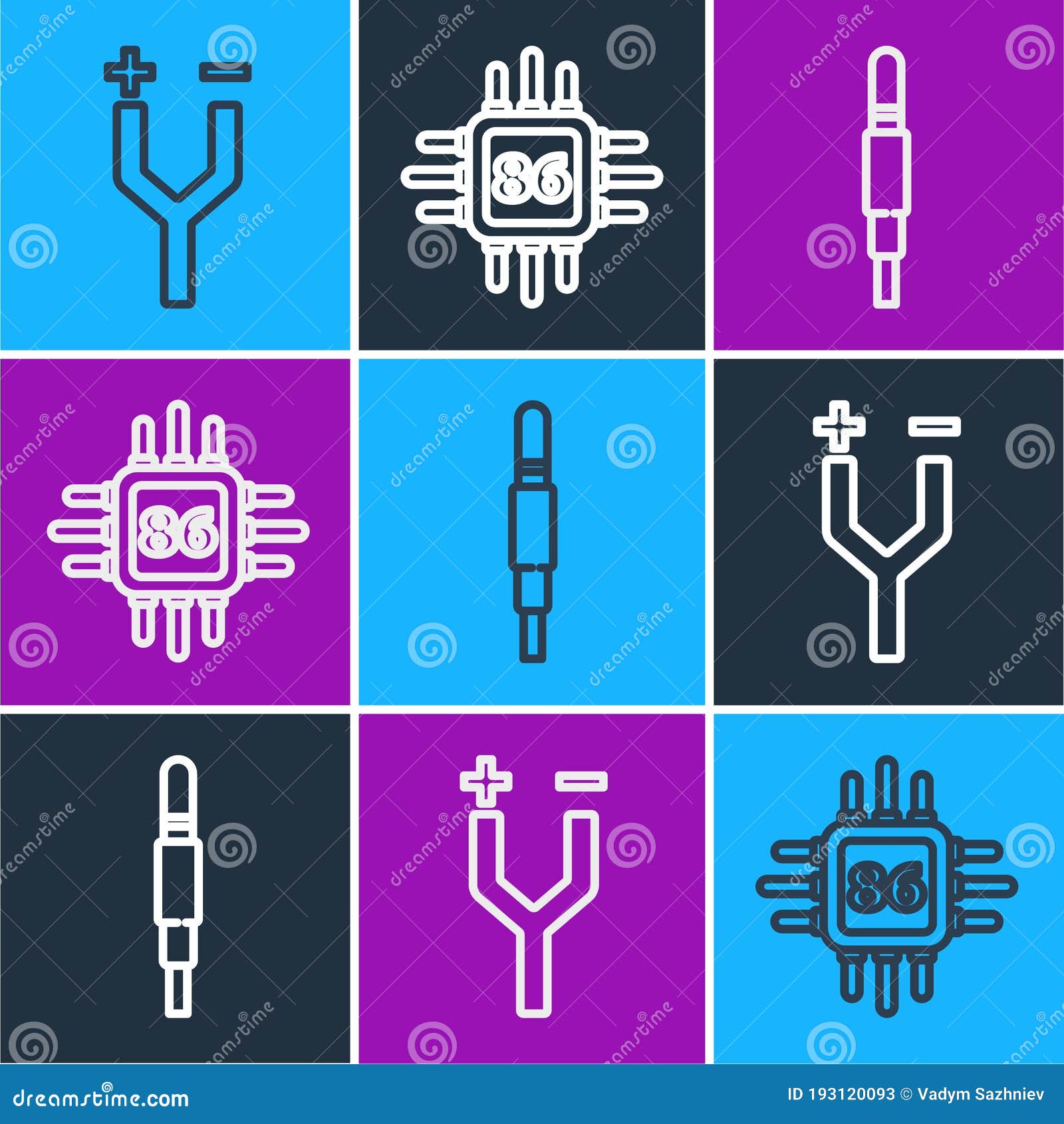 Set Line Electric Cable, Audio Jack and Processor with Microcircuits CPU Icon. Vector Stock ...