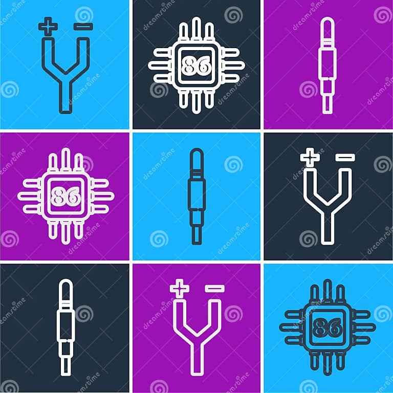 Set Line Electric Cable, Audio Jack and Processor with Microcircuits CPU Icon. Vector Stock ...