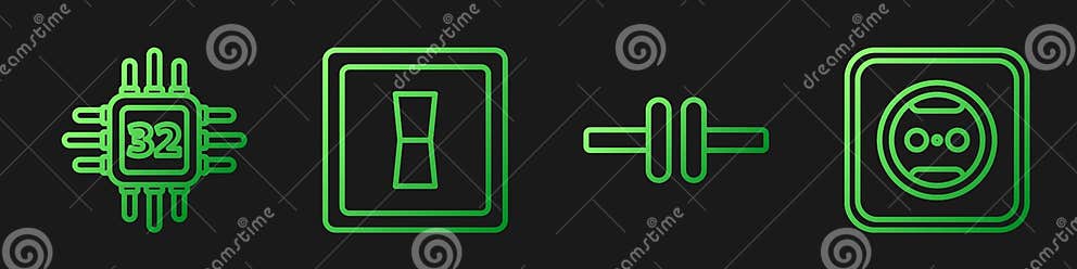 Set Line Electric Circuit Scheme, Processor with Microcircuits CPU, Electric Light Switch and ...
