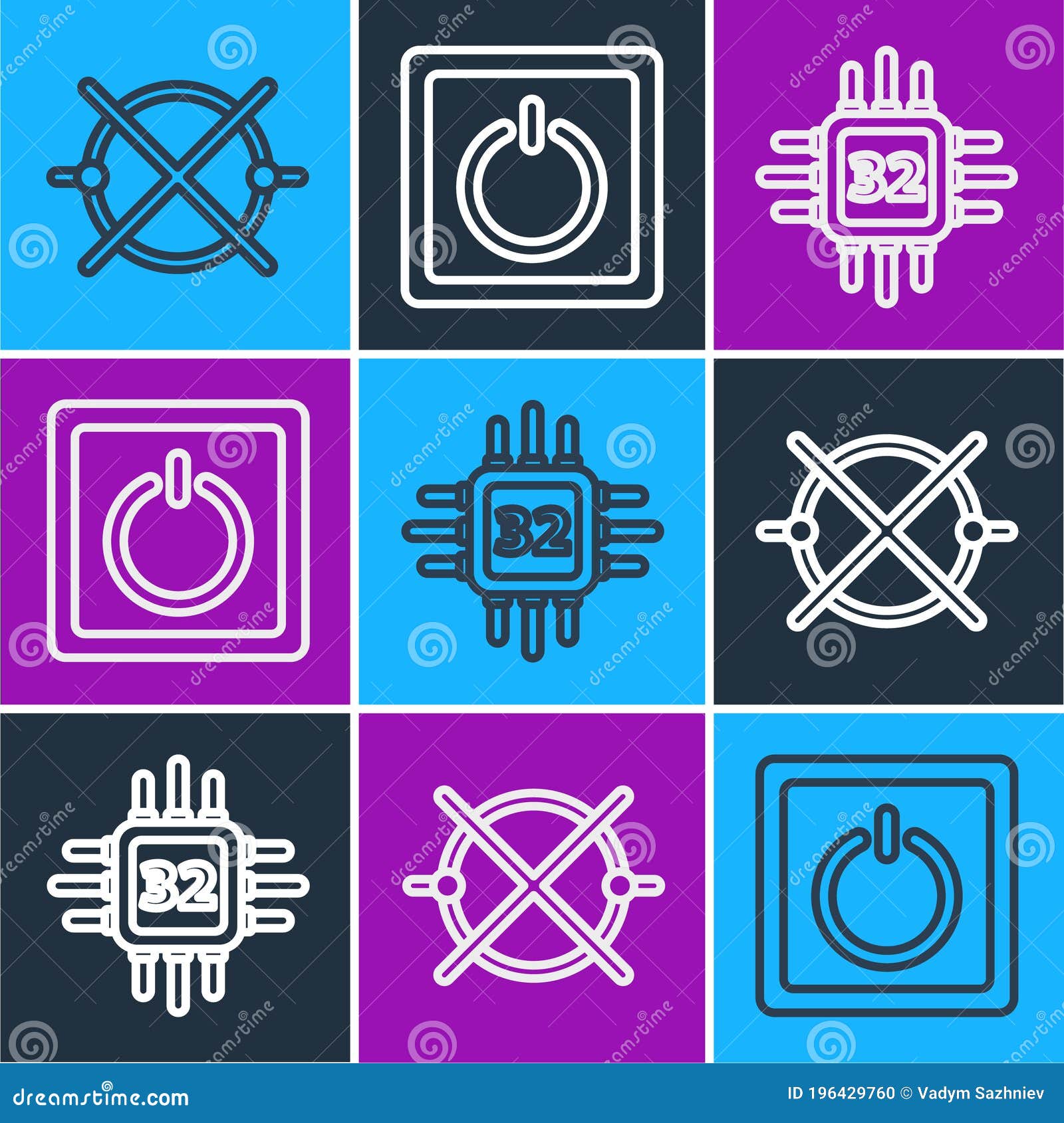 Set Line Electric Circuit Scheme, Processor with Microcircuits CPU and Electric Light Switch ...