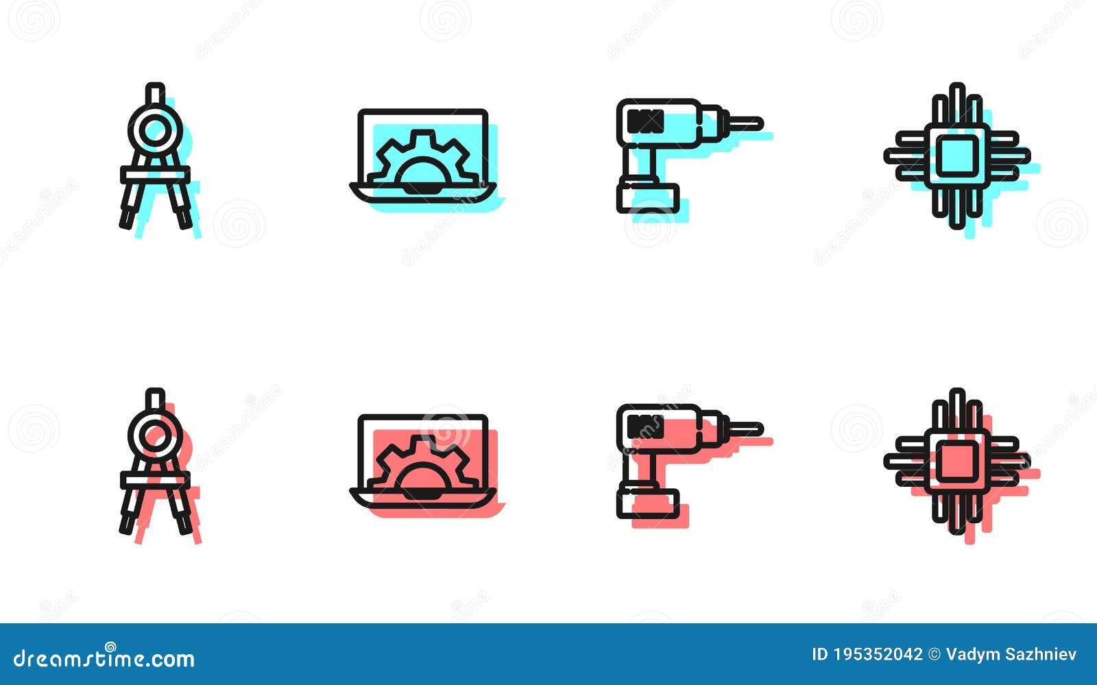 Set Line Electric Drill Machine, Drawing Compass, Laptop and Gear and Processor with ...