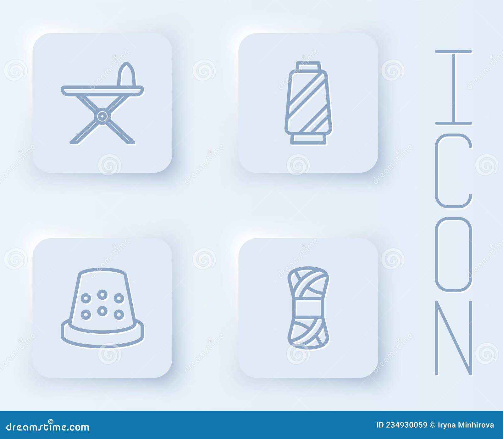 Set Line Electric Iron and Ironing Board, Sewing Thread Spool, Thimble ...