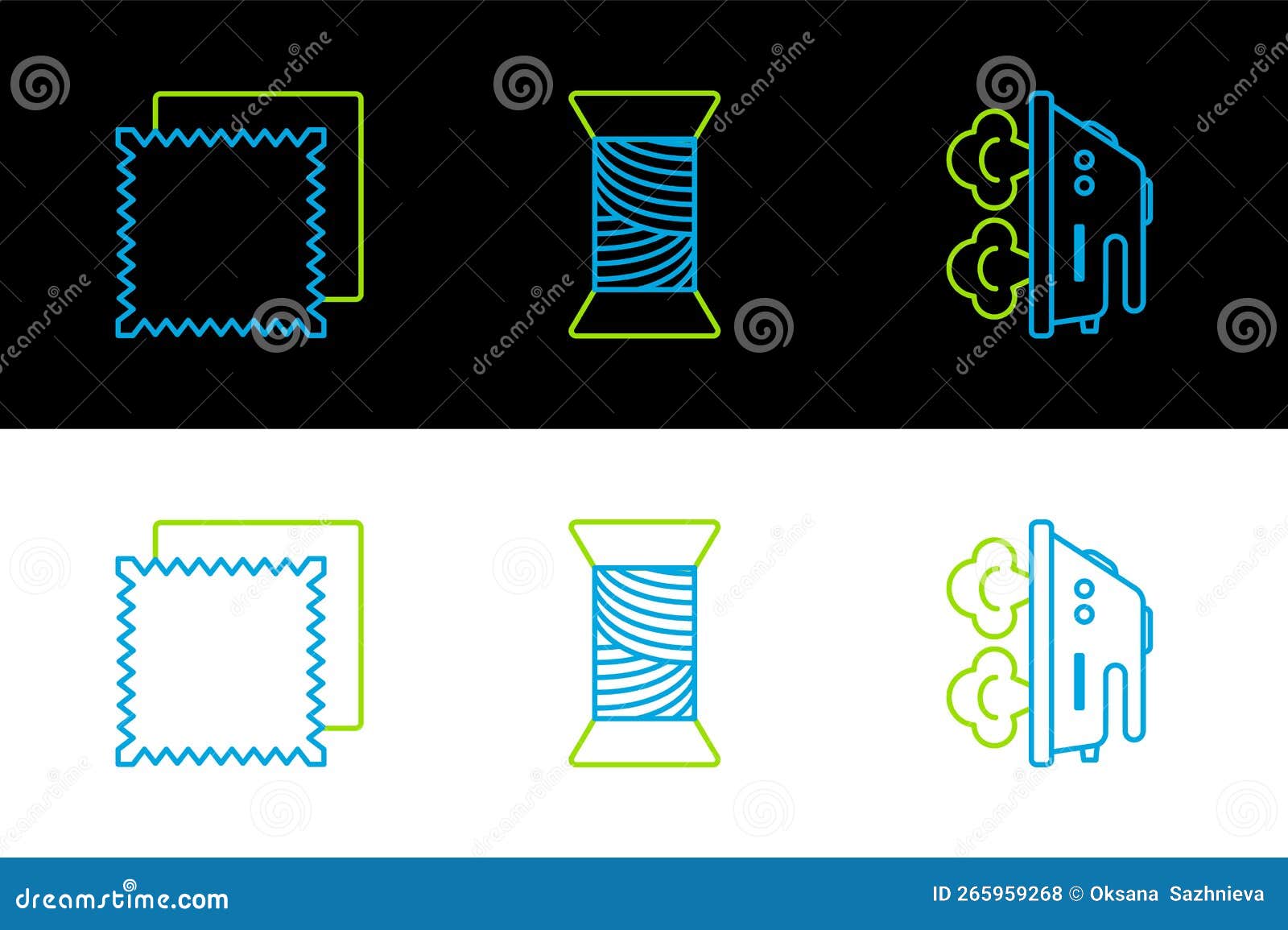 Set Line Electric Iron, Textile Fabric Roll and Sewing Thread Spool ...