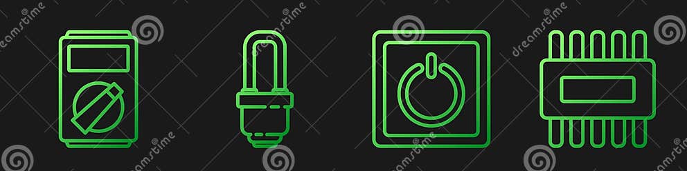 Set Line Electric Light Switch, Multimeter, LED Light Bulb and Processor with Microcircuits CPU ...