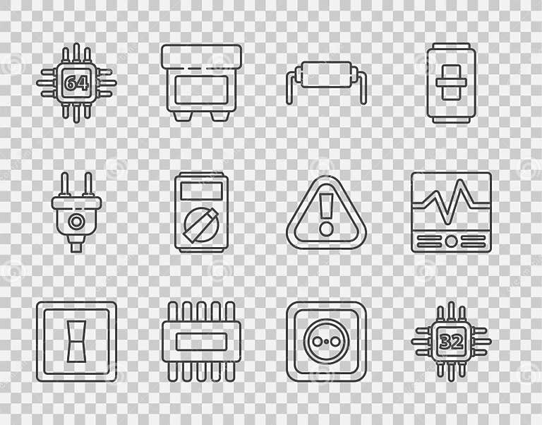 Set Line Electric Light Switch, Processor with Microcircuits CPU, Resistor Electricity ...