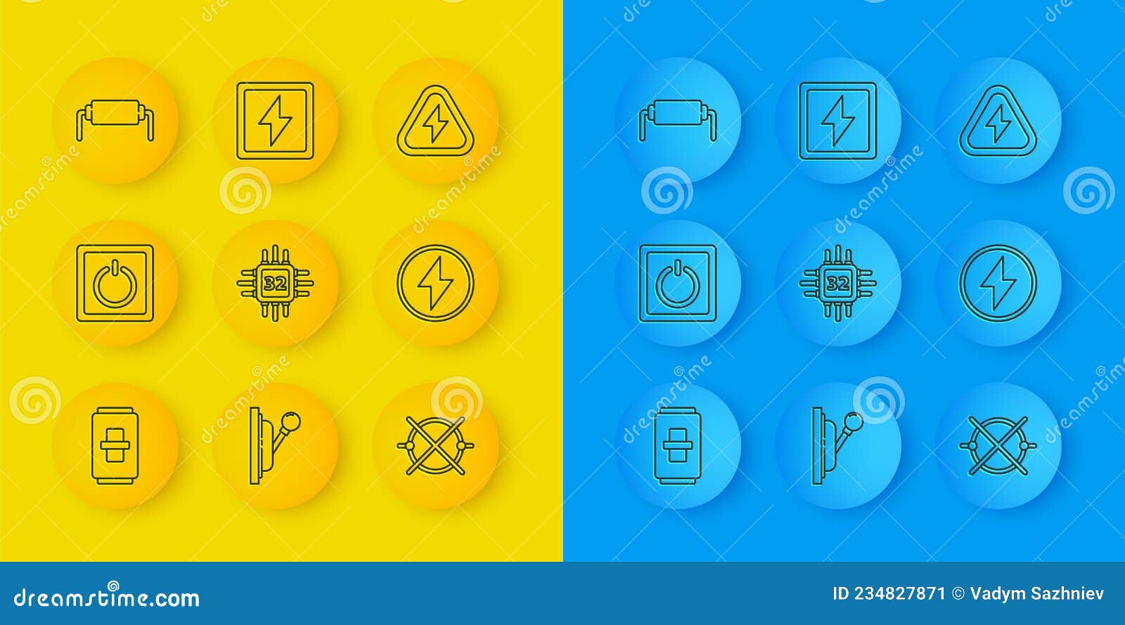 Set Line Electric Light Switch, Processor with Microcircuits CPU, Scheme, Lightning Bolt ...
