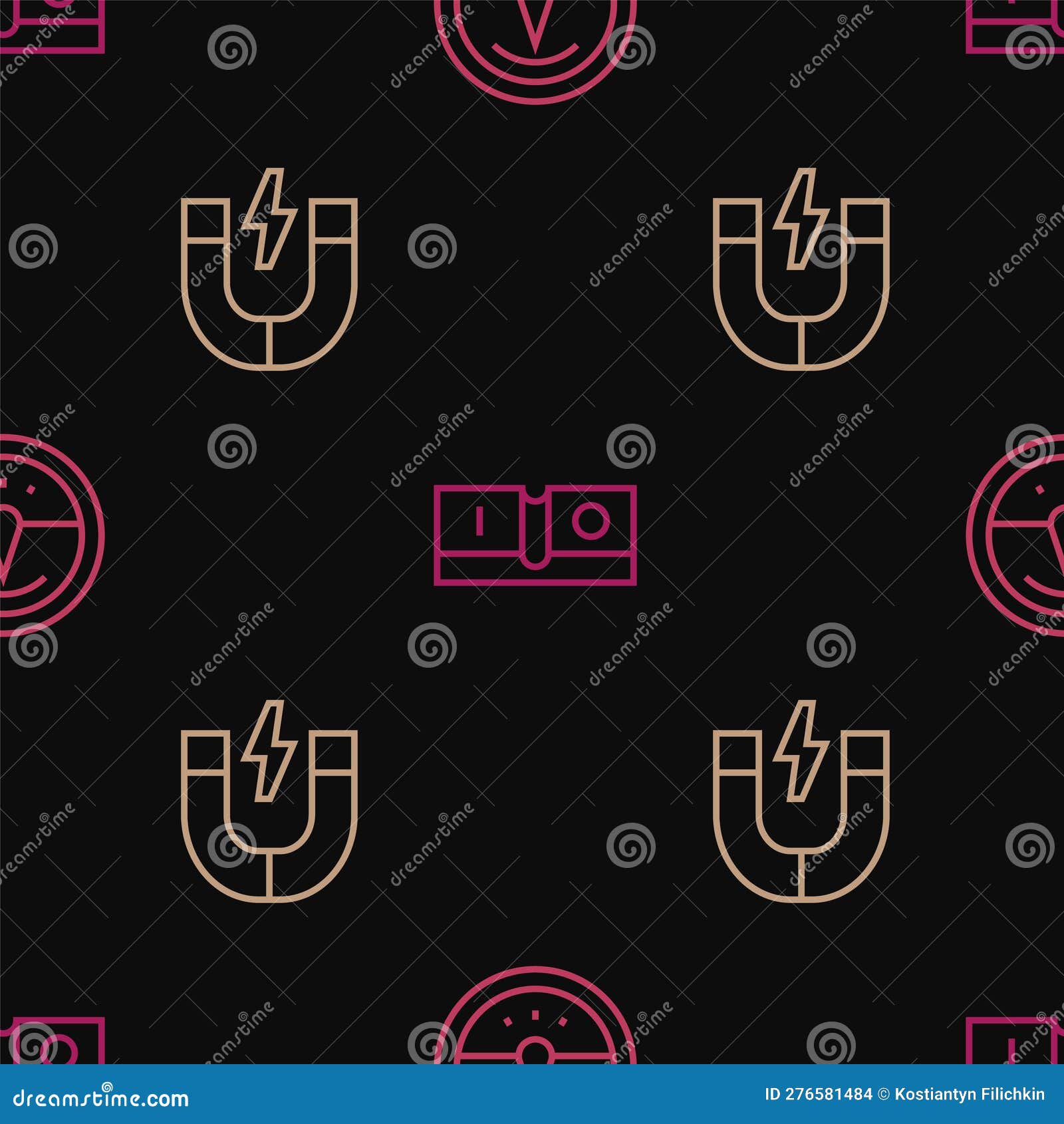 Set Line Electric Meter, Magnet and Light Switch on Seamless Pattern ...