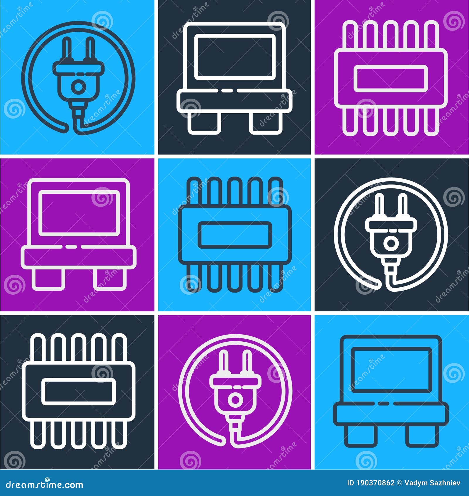 Set Line Electric Plug Processor With Microcircuits Cpu And Fuse Icon Vector Stock Vector