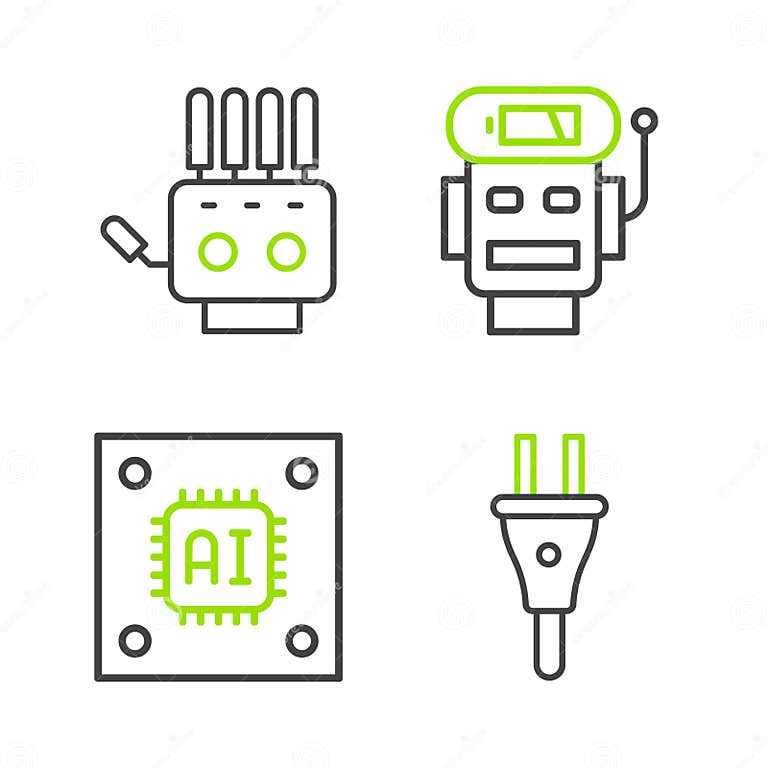 Set Line Electric Plug, Processor with Microcircuits CPU, Robot Low Battery Charge and ...
