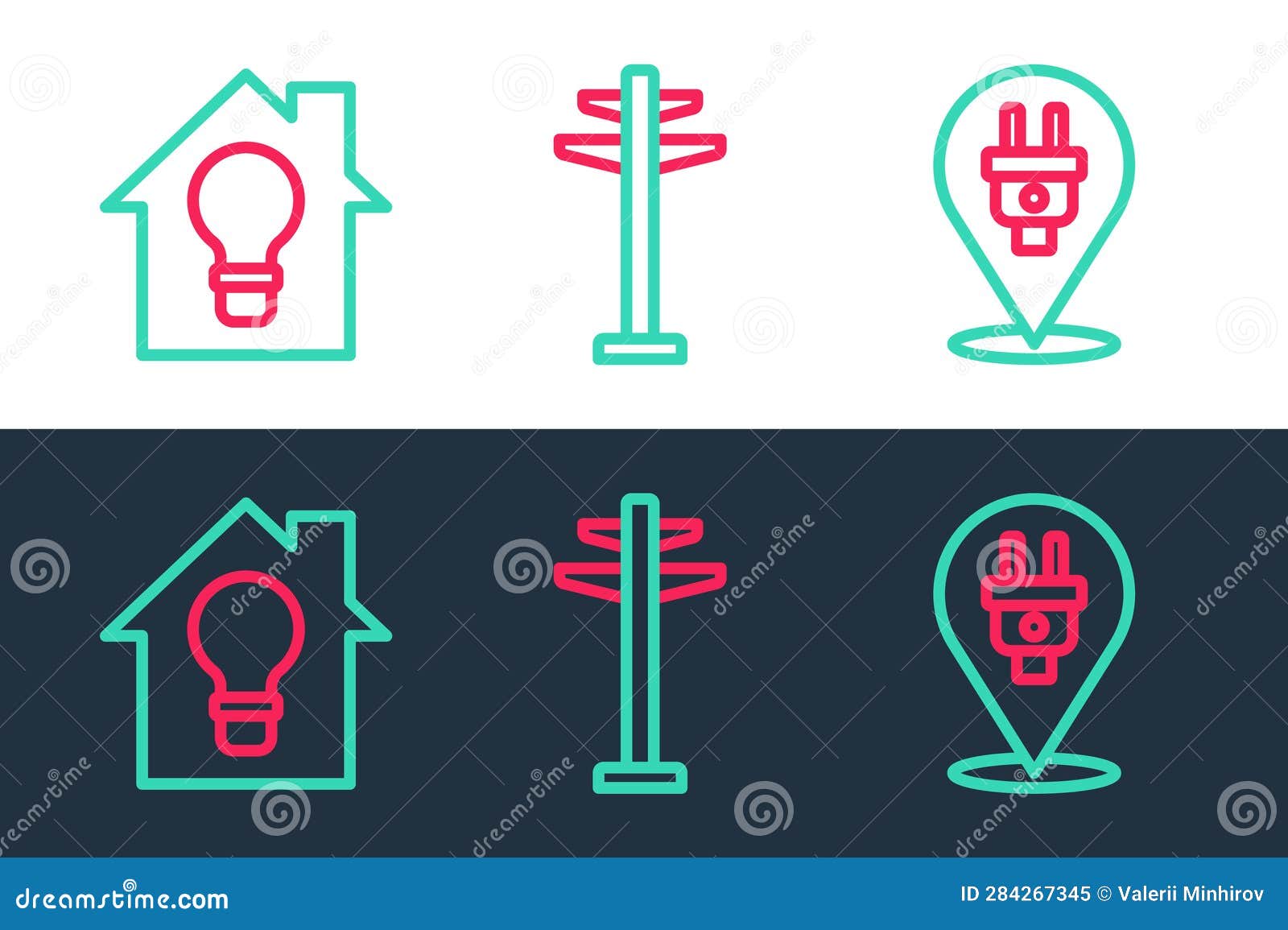 Set Line Electric Plug, Smart House and Light Bulb and Tower Icon ...