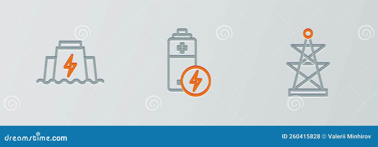 Set Line Electric Tower, Hydroelectric Dam and Battery Icon. Vector ...