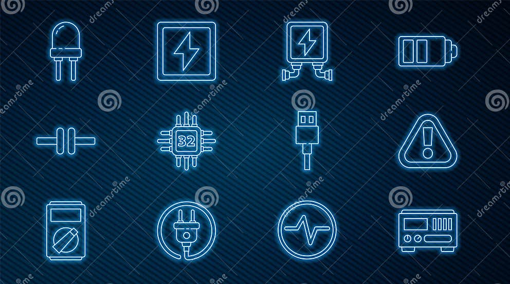 Set Line Electrical Measuring Instruments, Exclamation Mark Triangle, Transformer, Processor ...