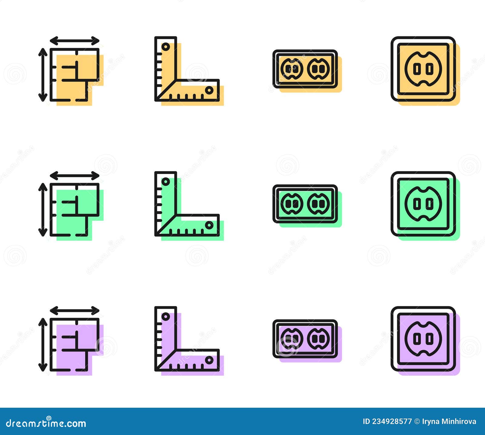 Set Line Electrical Outlet, House Plan, Corner Ruler and Icon. Vector ...