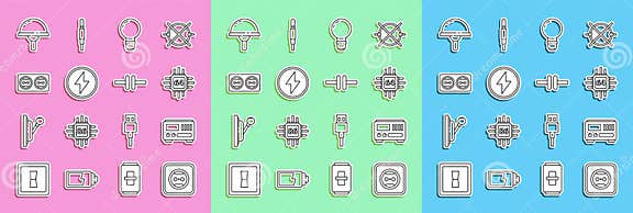 Set Line Electrical Outlet, Measuring Instruments, Processor with Microcircuits CPU, Light Bulb ...