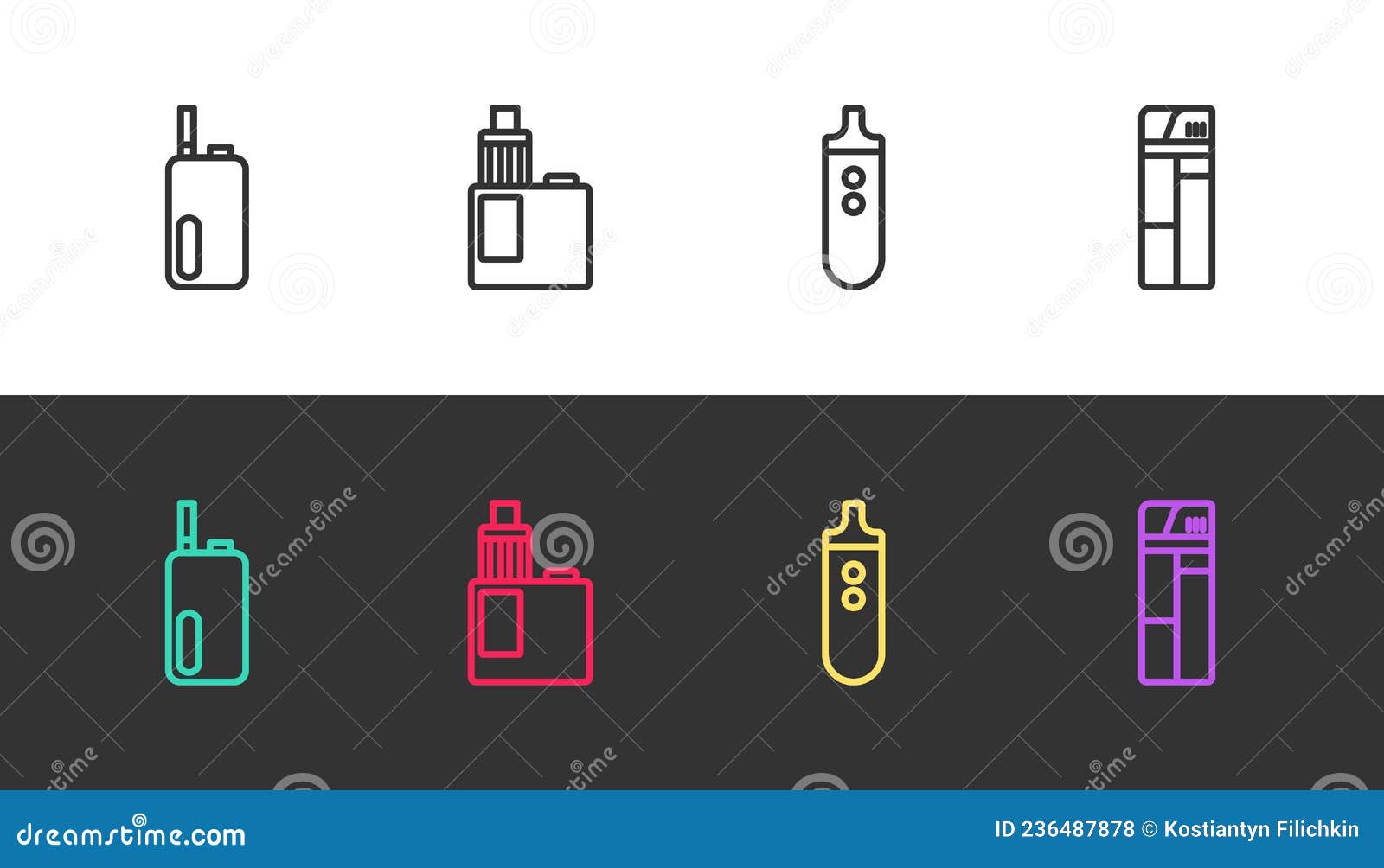 Set Line Electronic Cigarette, Vape Mod Device, and Lighter on Black ...