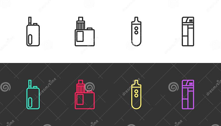 Set Line Electronic Cigarette, Vape Mod Device, and Lighter on Black ...