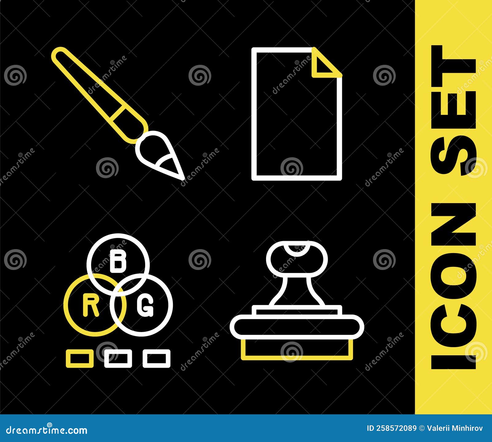Set Line Empty Document, Stamp, RGB Color Mixing and Paint Brush Icon ...