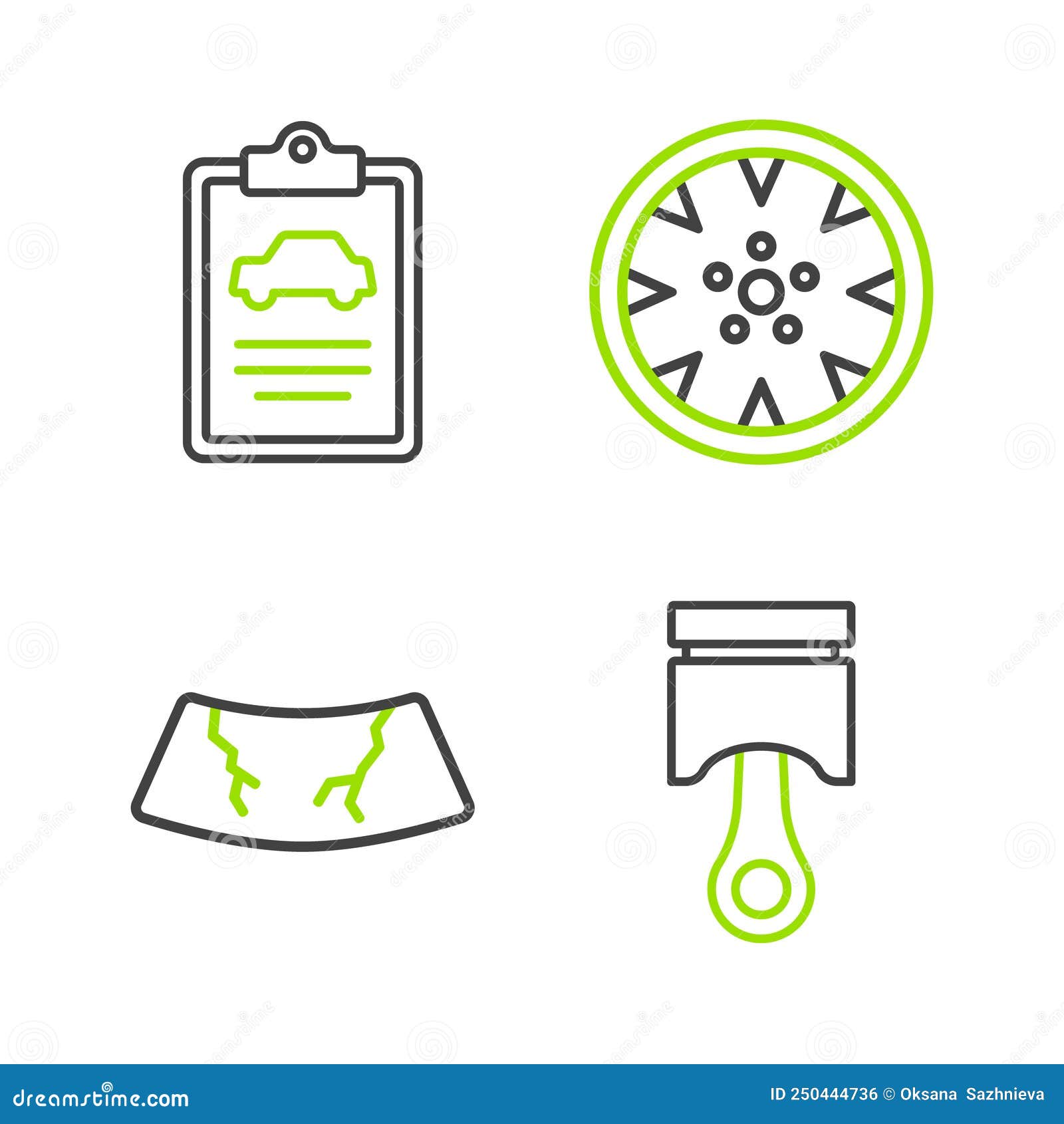 Set Line Engine Piston, Broken Windshield, Alloy Wheel and Car ...