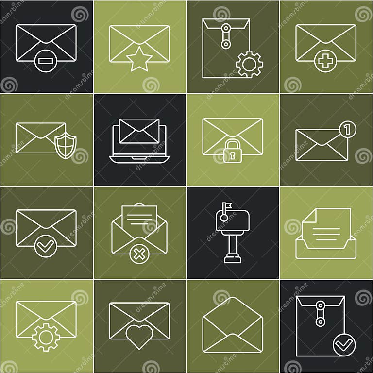 Set Line Envelope and Check Mark, Drawer with Document, Setting, Laptop Envelope, Shield, Delete ...
