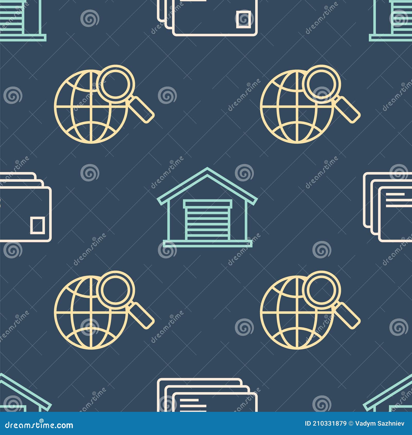 Set Line Envelope, Magnifying Glass with Globe and Warehouse on ... Set Line Envelope, Magnifying Glass with Globe and Warehouse on ...