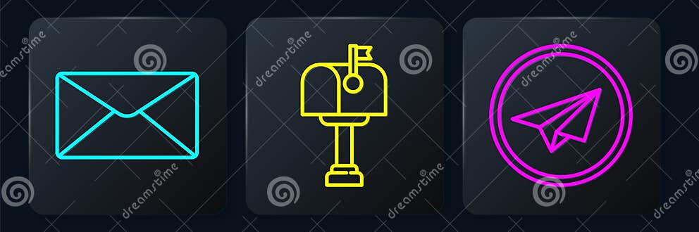 Set Line Envelope, Paper Plane and Mail Box. Black Square Button Stock Vector - Illustration of ...