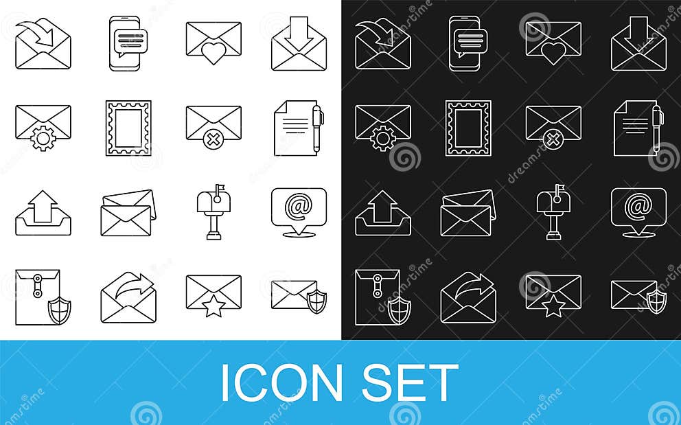 Set Line Envelope with Shield, Mail and E-mail on Speech Bubble, Document Pen, Valentine Heart ...