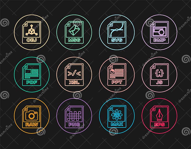 Set Line EPS File Document, JS, SVG, XSL, PDF, OBJ, PPT and MSG Icon. Vector Stock Illustration ...