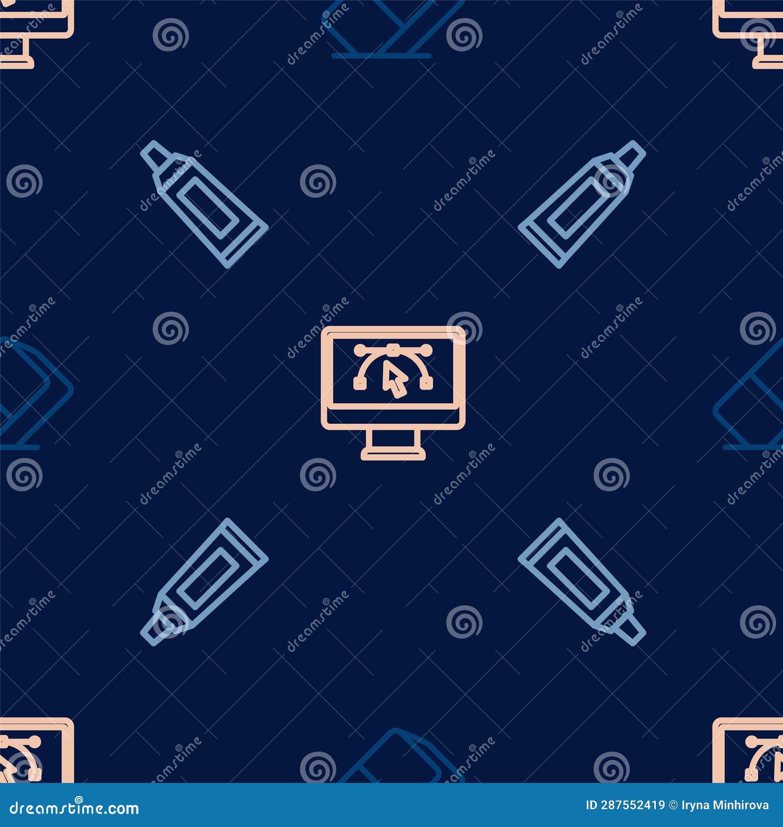 Set Line Eraser or Rubber, Tube with Paint Palette and Computer Design Program on Seamless ...