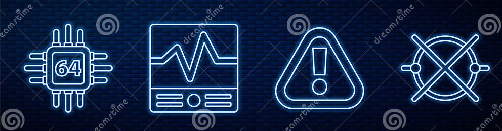Set Line Exclamation Mark in Triangle, Processor with Microcircuits CPU, Electrical Measuring ...