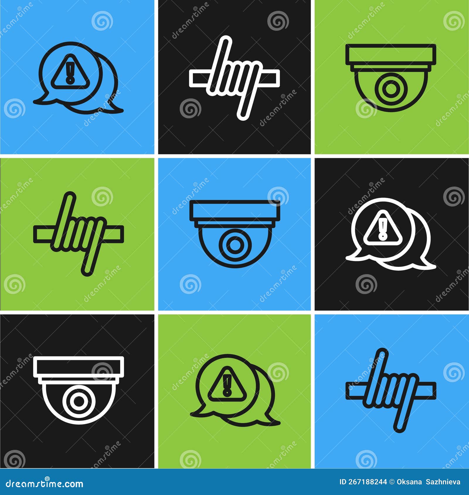 Set Line Exclamation Mark in Triangle, Security Camera and Barbed Wire ...