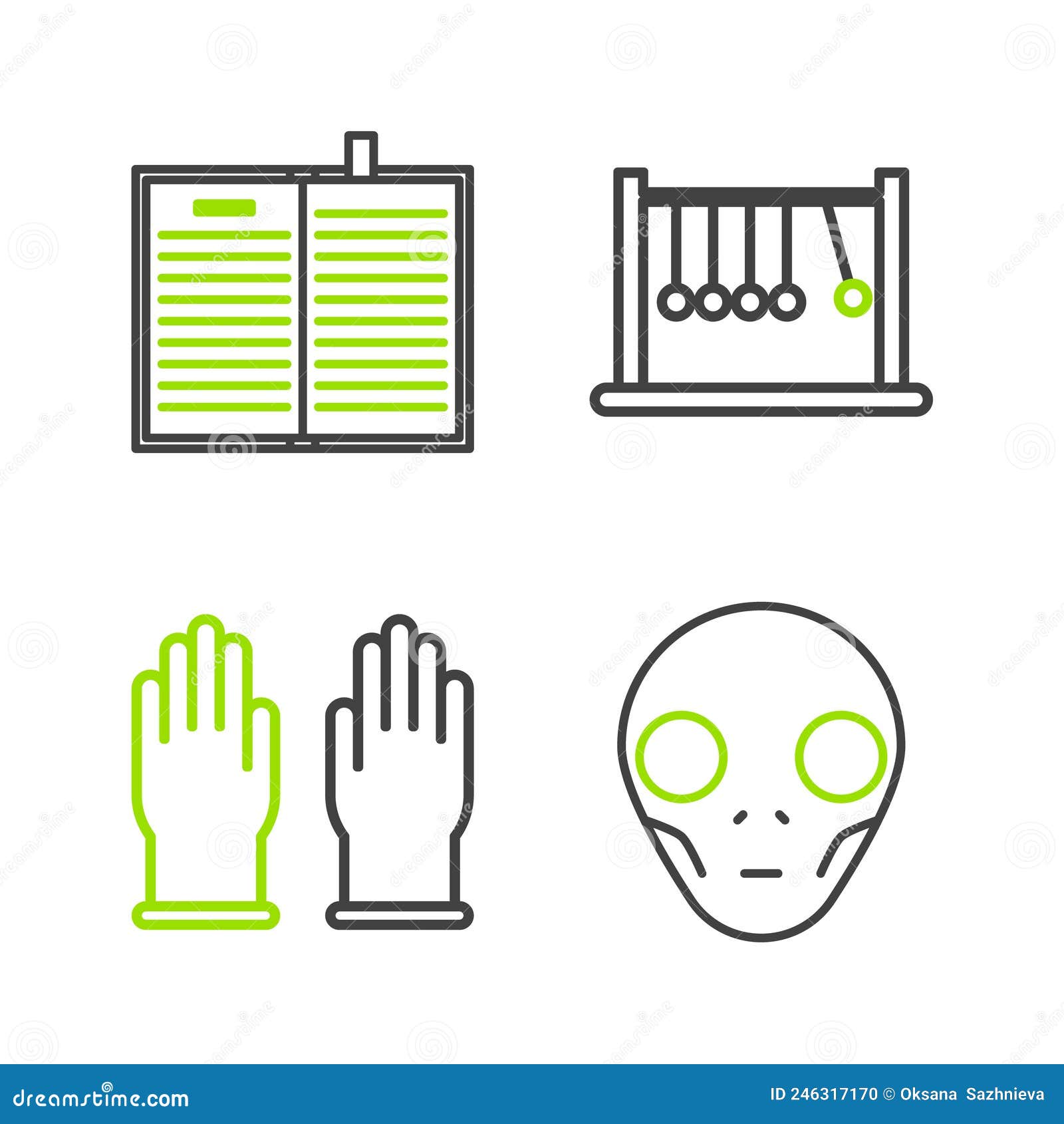 Set Line Extraterrestrial Alien Face, Rubber Gloves, Pendulum and Open ...