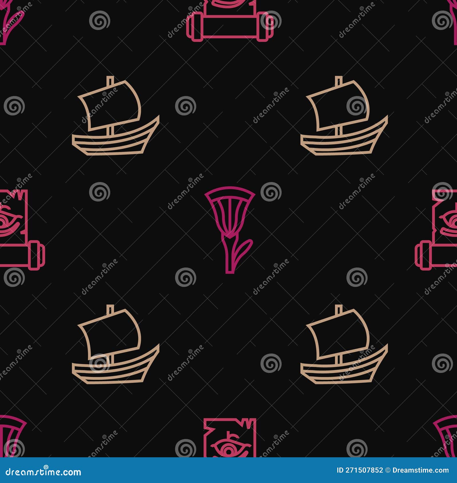 Set Line Eye of Horus on Papyrus Scroll, Egyptian Ship and Lotus on ...