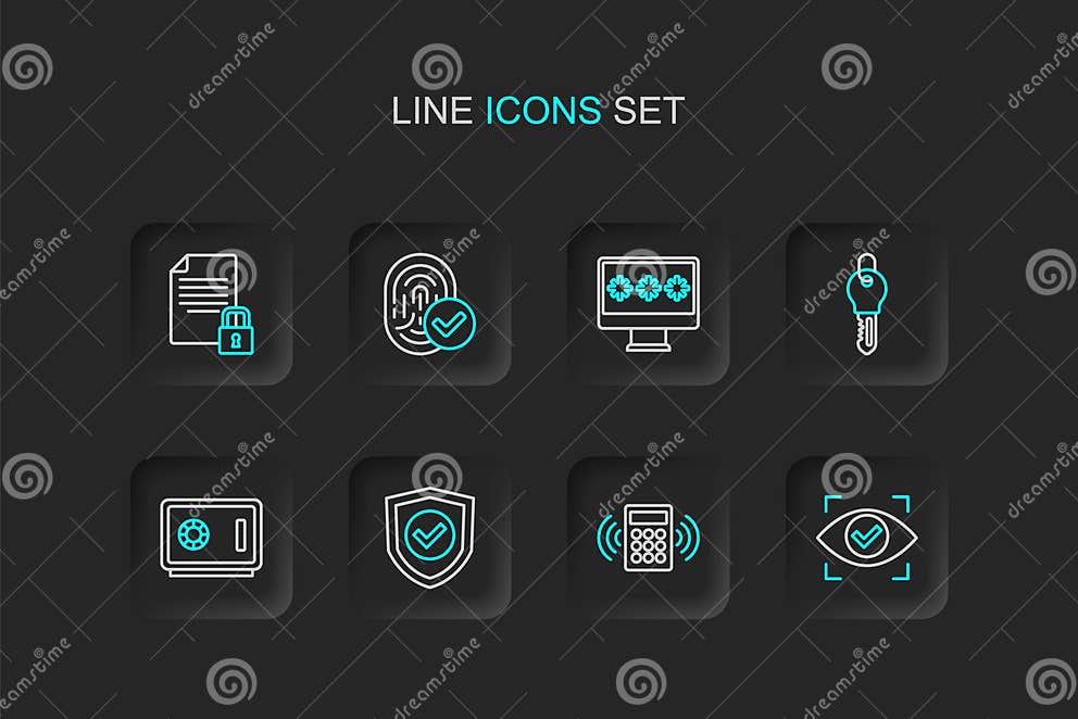 Set Line Eye Scan, Security Keypad Access Panel, Shield with Check Mark, Safe, Key, Monitor ...