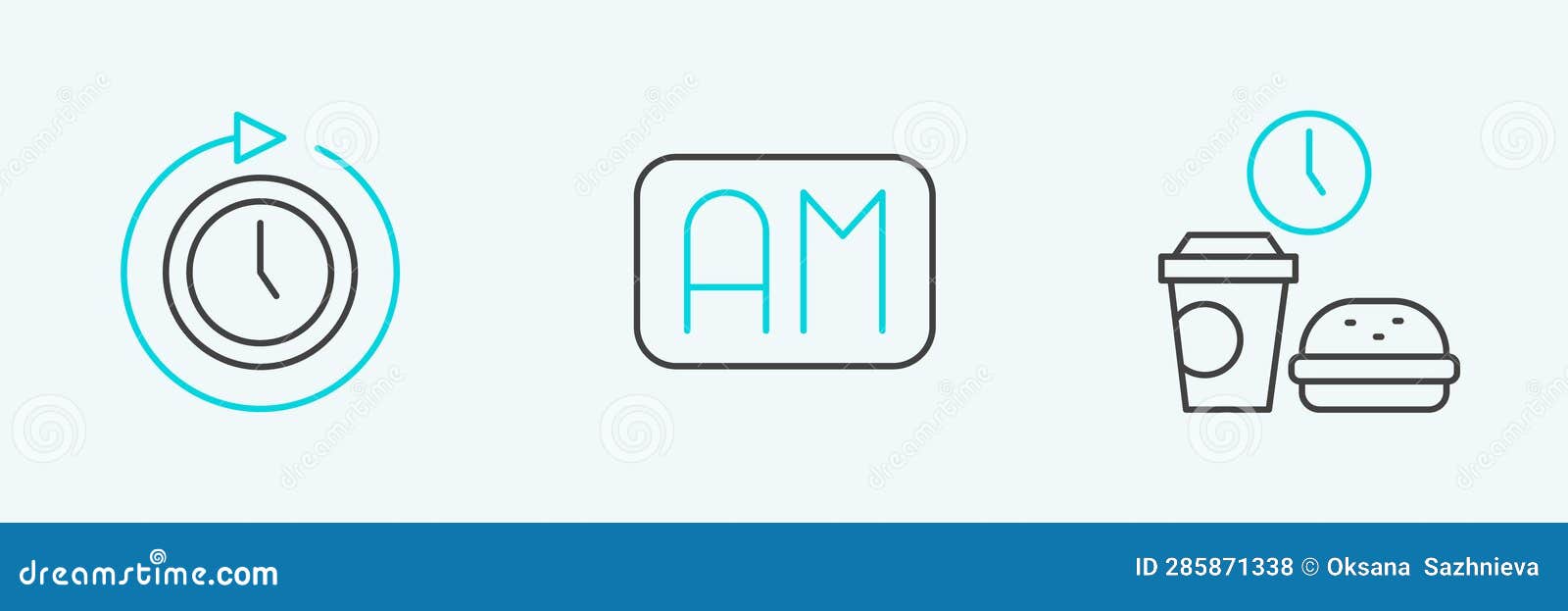 Set Line Fast Food Time, Clock with Arrow and Morning Icon. Vector ...